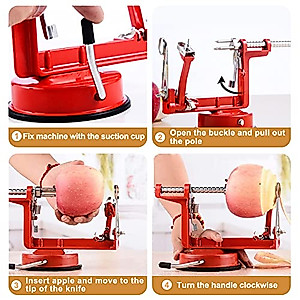 Apple Peeler Slicer Corer with Stainless Steel Blades and Powerful Suction Base for Apples Pears Potatoes(Red)