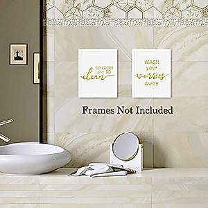LHIUEM Funny Bathroom Quotes Gold Foil Print, Wash Your Worries Away-So Fresh and So Clean Cardstock Art Print Poster