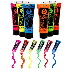Quiet&Far Body Paint Set with tubes 24 x 25 ml / 1 fl oz Neon Glow in the dark paint face paint Blacklight Reactive Fluorescent Paint Non-Toxic