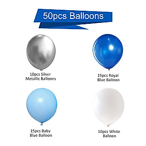 Blue Silver White Latex Balloons, 50pcs 12 inch Royal Blue and Silver Metallic Balloons for Birthday Wedding Party Decoration