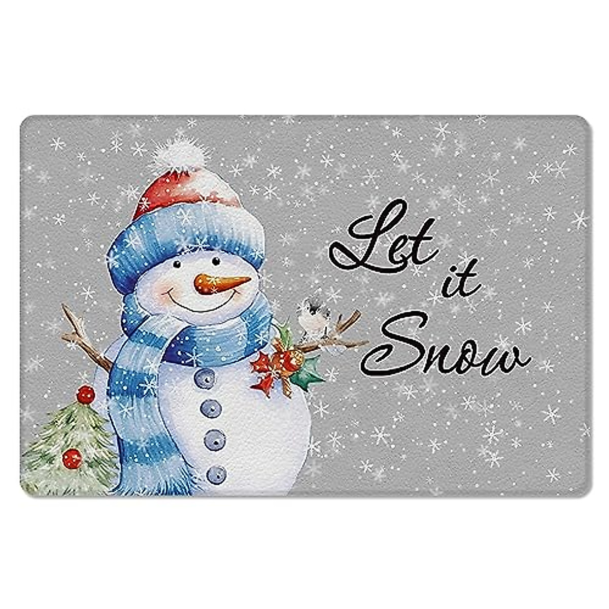 Grey Snowman Antifatigue Kitchen Bath Door Mat Cushioned Runner Rug,Washable Welcome Floor Sink Mat,Waterproof Non-Slip Comfort Standing Doormat,Christmas Winter Snowflake Bird Berry 18"x30"