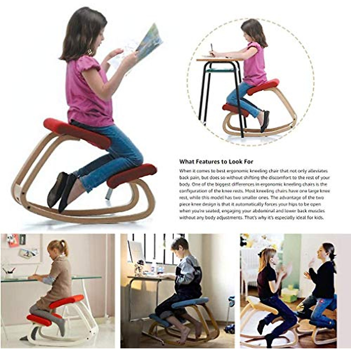 Kneeling Chair, Ergonomic Rocking Kneel Seat Mobile, Relieving Stress Backs Neck Pain, Posture Correcting Wood Knee Stool for Home Office Good Posture Computer Stool,Gray