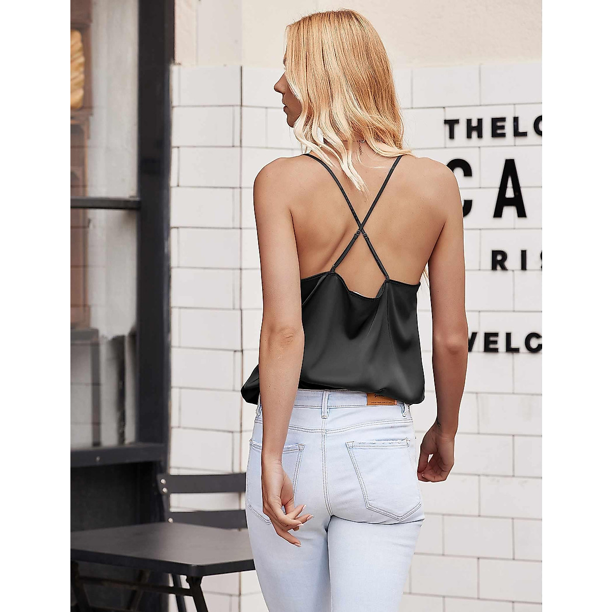 Ekouaer Satin Cowl Neck Tank Top Women Camisole Silky Loose Sleeveless Basic Blouse Ladies Satin Tank Shirt Black