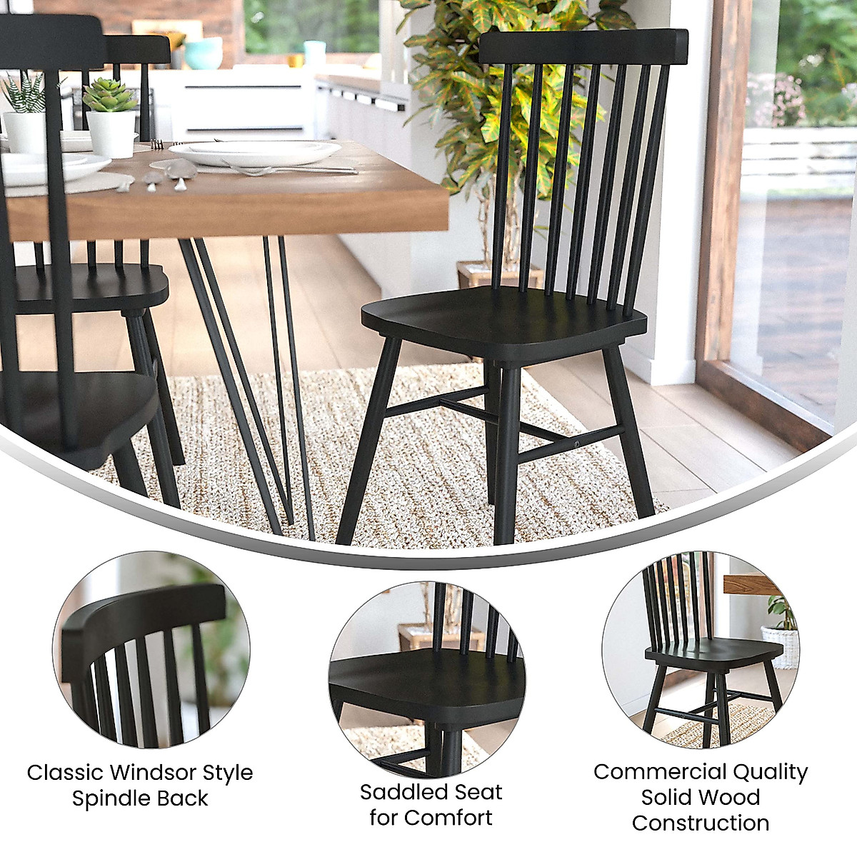 Flash Furniture Ingrid Commercial Grade Windsor Dining Chairs - Black Solid Wood Spindle Back Chairs - Armless Kitchen or Dining Room Chairs - No Assembly Required