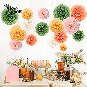 NICROHOME Baby Shower Decorations, 16PCS Sage Green, Bright Orange Tissue Paper Pom Poms for Birthday, Wedding, Spring Summer Party
