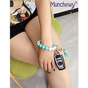 Munchewy Personalized Silicone Bead Keychain Bracelet Wristlet, House Car Keys Ring Holder Tassel Daisy Flower(Lilac/Marble)