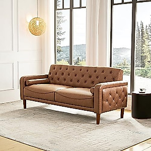 Lunanniu 78 Inch Vegan Leather Sofa Faux Leather Couches Loveseat Button Tufted Back Mid Century Modern 2 Bolster Pillows Solid Wood Frame and Legs 2 Seat Love Seat for Living Room Brown