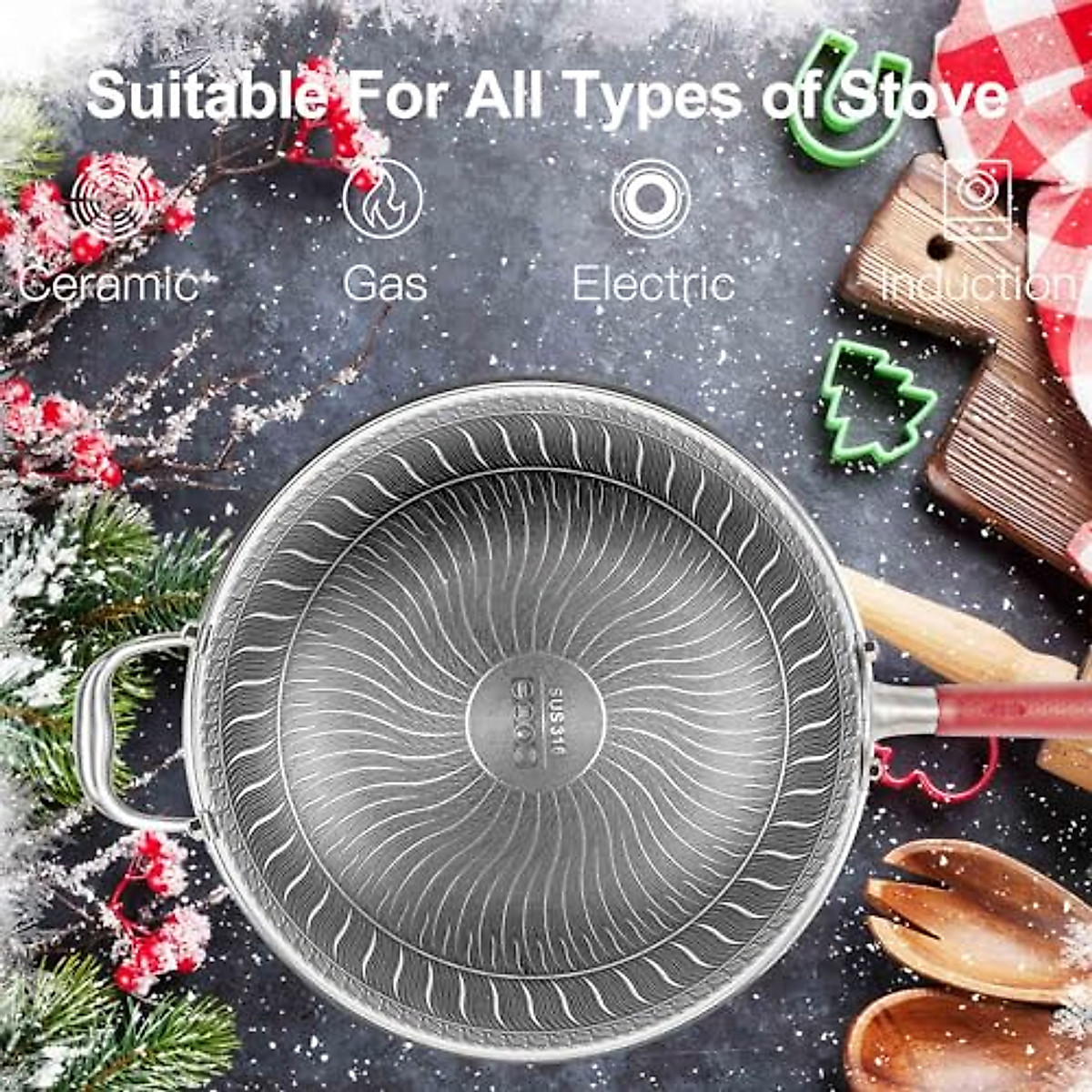 AUDANNE Wok Pans with Lid, 12.6 inch Large Stainless Steel Honeycomb Skillet with Handle - PFAS & PFOA Free, Induction Cooking Fry Woks, Black 12.6"