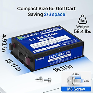 DC HOUSE 48V 50Ah LiFePO4 Golf Cart Battery, Built-in 100A BMS-2C,Suitable for Both Club car, Yamaha Golf carts, Lithium Battery Perfectly for Ryobi Mowers, Trolling Motor, Off-Grid Solar System