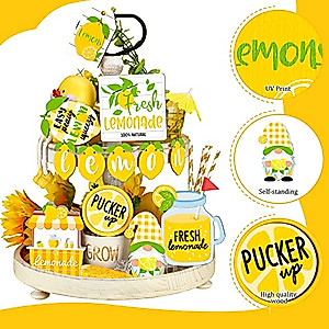 11 Pieces Lemon Peach Pumpkin Tiered Tray Decor Set Gnome Fresh Lemonade Wooden Tiered Tray Decor Peach Lemon Wood Blocks Standing Sign Decorations for Layered Pallets Summer Autumn (Lemon Style)