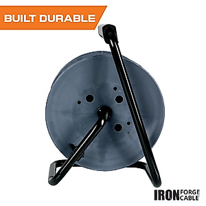 IRON FORGE CABLE 50 Ft Extension Cord Reel with 4 Electrical Power Outlets & Breaker Switch - 16/3 SJTW Heavy Duty Orange Cable with 3 Prong Grounded Plug - Portable Extension Cord Reel with Breaker