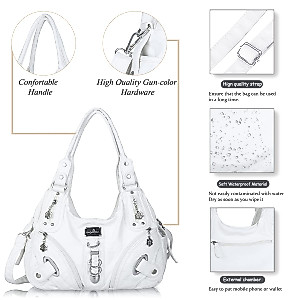 Angelkiss Women Multiple Pockets Purses and Handbags Washed Leather, Two Top Zippers Closure, White