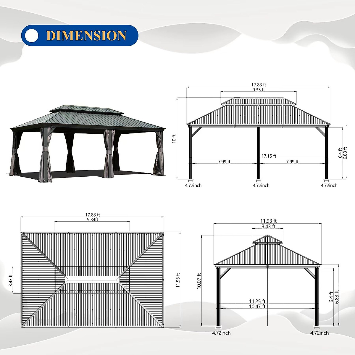 Domi 12' X 18' Hardtop Gazebo Outdoor Metal Gazebo with Galvanized Steel Double Roof Canopy, Aluminum Frame, Curtains and Netting for Patio, Deck, Garden, Grey