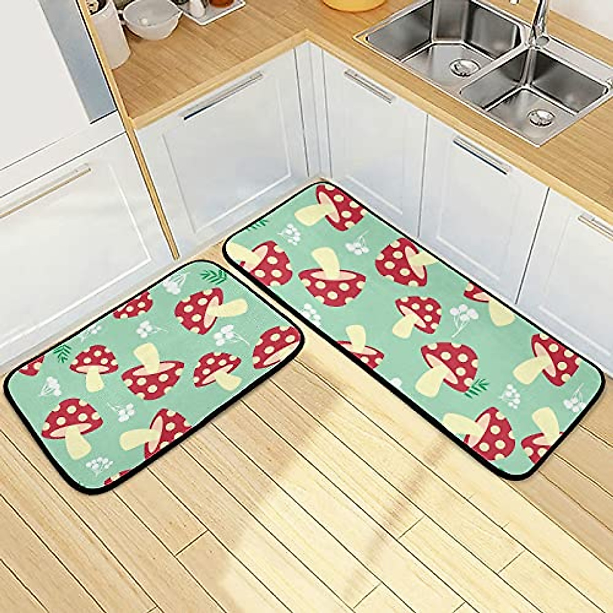 Apular Mushroom Red Kitchen Mat Set of 2 Kitchen Rug Set Non Slip Cushioned Heavy Duty Memory Foam Kitchen Runner Rugs and Mats Comfort Standing Mat for Office Desk Sink Laundry Home Decor