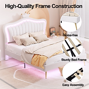 CITYLIGHT Queen Size Upholstered Princess Bed with Crown Headboard, Wood Cute Kids Bed Frame Queen with LED Lights and Metal Legs for Girls, No Box Spring Required (Queen,White)