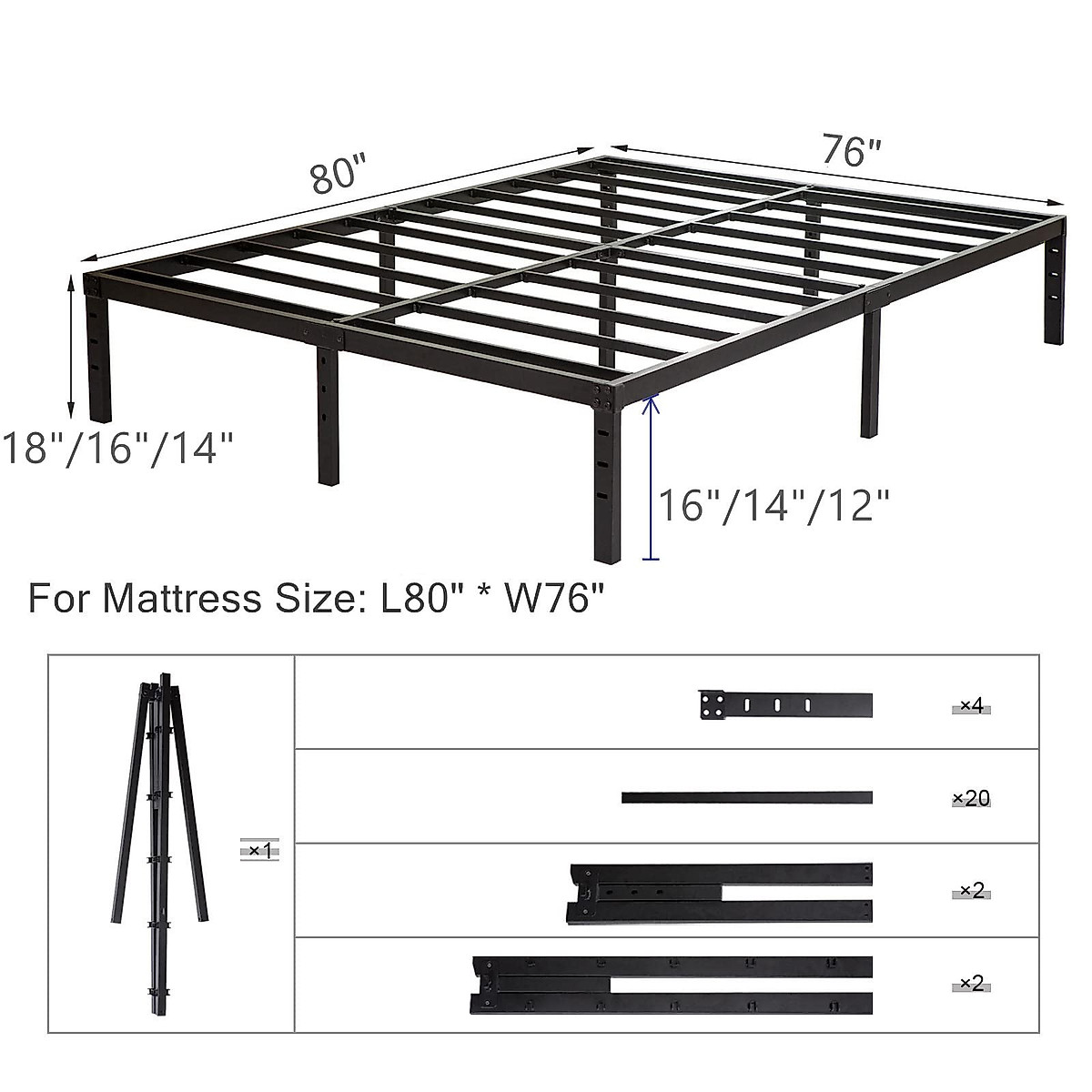 Wulanos King Size Bed Frame with Steel Slats Support, Sturdy and Durable, No Box Spring Needed, 16 Inch High 3500lbs Heavy Duty Metal Platform Frames with Storage, Noise-Free, Black
