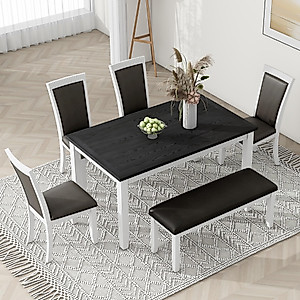 VilroCaz Farmhouse Rustic 6-Piece Dining Table Set, 60'' Rectangular Table with PU Leather Upholstered Chairs and Bench, Acacia Wood Kitchen Dining Room Set for Family (White+GY)