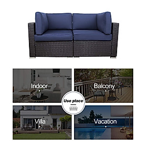 Excited Work Patio Sectional Furniture Corner Sofa,Low Back All-Weather Wicker Loveseats Outdoor Rattan Couch Set Conversation Sets（Dark Blue）