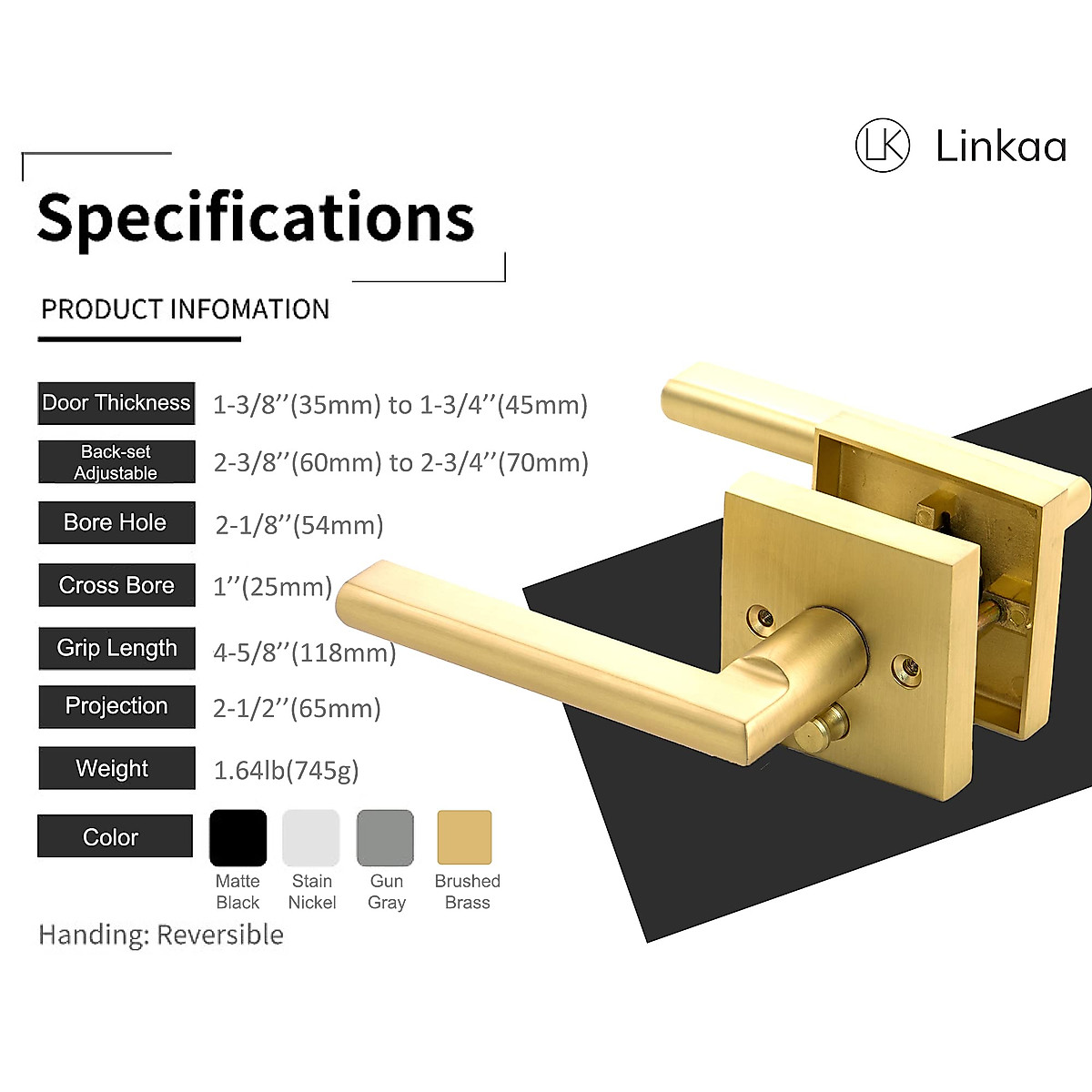 Linkaa Pivacy Door Lever Gold Stain Brass Lever Door Handle with Lock, Keyless Door Lock, Privacy Function Exterior/Interior Door Handles.