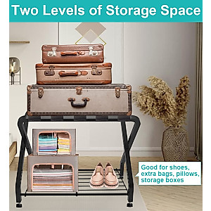 Whoonba Folding Luggage Rack with 2-tiers Storage Shelf, Foldable Steel Frame Luggage Organizers for Suitcase, Metal Luggage Holder for Guest room, Bedroom, Hotel, Closet, Black, 1pack