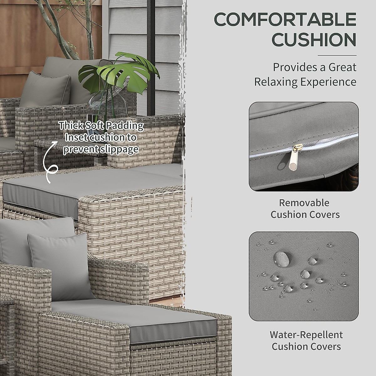 Outsunny 5 Piece Patio Furniture Set, All Weather PE Rattan Conversation Chair, and Ottoman Set with Coffee Table, Cushions & Pillows Included for Balcony, Porch, Deck, Pool, Lawn, Gray