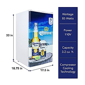 Corona Compact Fridge with Bottle Opener, 90 L/ 95 Quart 3.2 Cubic Foot for Snacks, Beverages, Juice, Beer, Den, Dorm, Office, Games Room, or RV