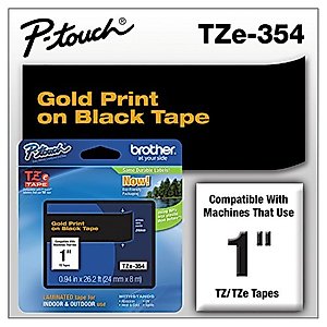 Brother Tze354 Tze Standard Adhesive Laminated Labeling Tape, 1-Inch W, Gold On Black