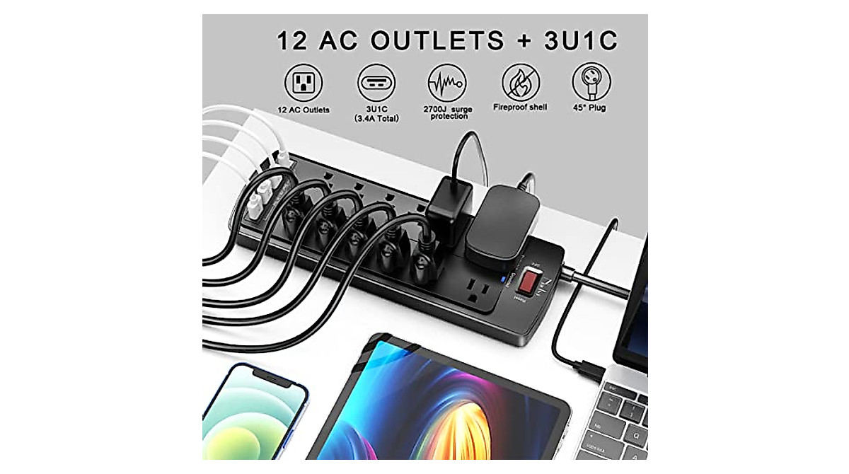 Nuetsa Surge Protector Power Strip with 12 Outlets & USB Ports