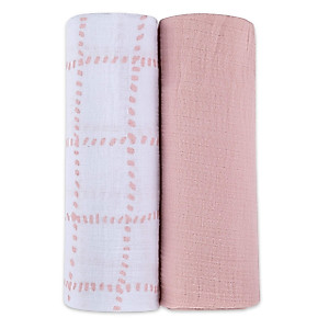 Muslin Swaddle Blankets 2-Pack 100% Muslin Cotton Swaddle Receiving Wrap Blankets (47 X 47 inches) Gift for Baby Girl (Pink Grid Lines & Solid Pink) (Pink)