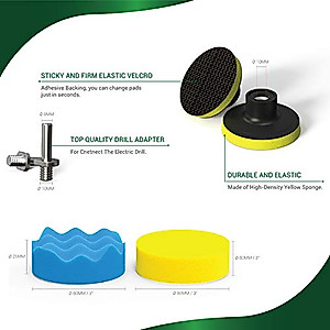 SCRUBIT Car Foam Drill Polishing Pad Kit 22 Pack, Includes 16 Detailing Sponges (3 in.), 2 Wool Buffer Pads, 2 Drill Adapters and Suction Cups for Your Vehicle - Waxing and Polisher Set