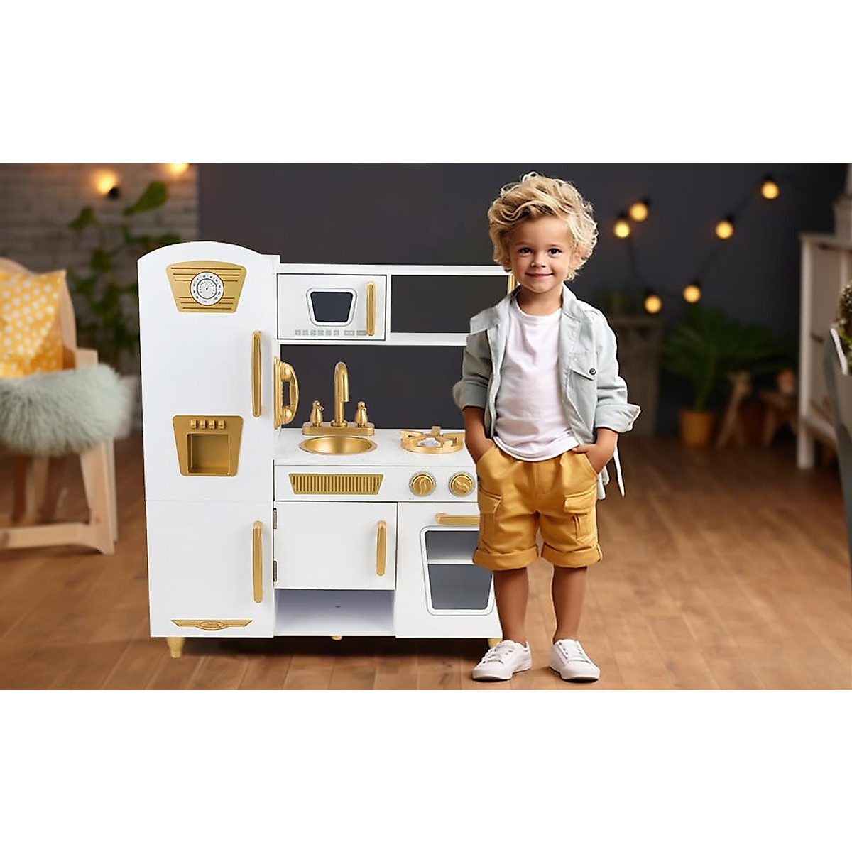 WoodenEdu Kitchen Playset for Kids Ages 3-8, Wooden Pretend Play Kitchen, Incloud Telephone, Ice Maker, Refrigerator, Dimensions: 35” H x 31” W x 12” D (White)