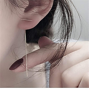 Minimalist Threader Bar Earrings for Women Girls S925 Sterling Silver Charm Long Tassel Chain Drop Dangling Simple Wire Thread Piercing Ear Stud Hypoallergenic Fashion Chic Earring (Silver)