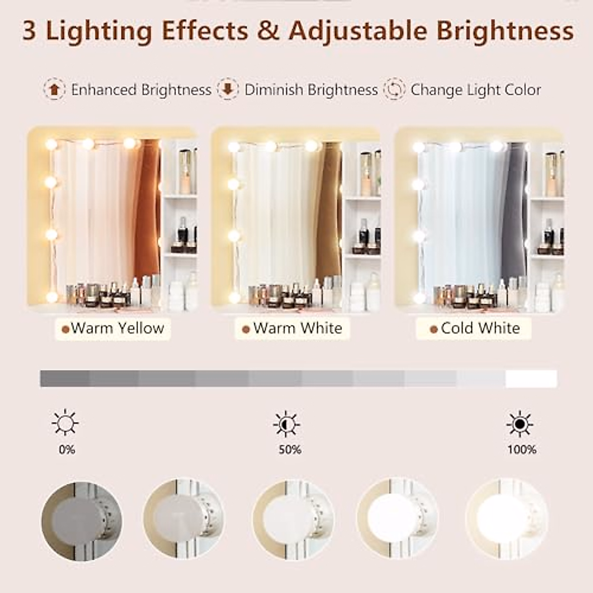 usikey 43.5in Large Vanity Desk with Mirror and 10 LED Lights, Makeup Vanity Table with Lights and 5 Drawers, White Vanity Table Vanity Set with Storage Shelves and Stool for Women Girls, White