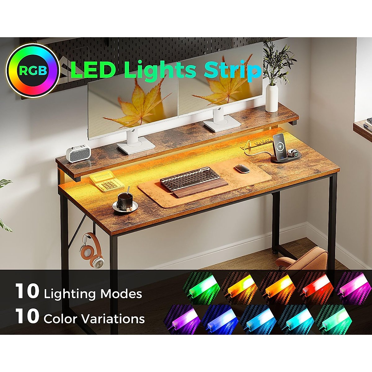 AODK Computer Desk, 48 Inch Gaming Desk with LED Lights and Power Outlet, Office Desk with Adjustable Monitor Shelf (3 Heights), Computer Table Work Desk for Home/Bedroom, Rustic Brown
