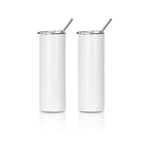 PYD Life 2 PCS Sublimation Blanks Skinny Tumbler White 20 OZ Straight Double Wall Stainless Steel Cups with Metal Straw for Tumbler Heat Press Machine Printing