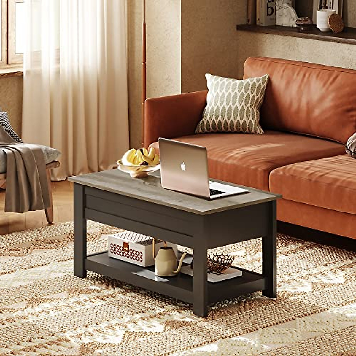 WLIVE Modern Rustic Coffee Table with Storage Shelf and Hidden Compartment,Wood Lift Tabletop for Home Living Room,Black,Greige.