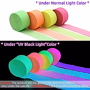 400feet Blacklight Party Streamer Decorations 4 Rolls Glow Crepe Paper UV Reactive Fluorescent Neon Paper Streamers Glow Party Supplies and Decorations for Wedding, Birthday, Neon Party, Fiesta Party