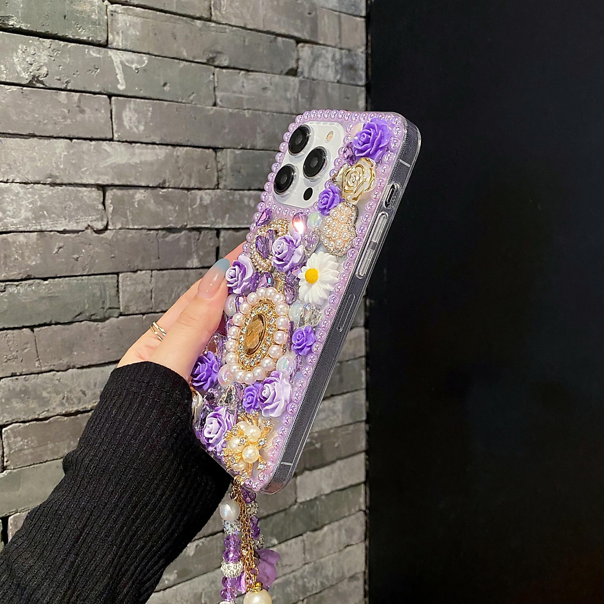 iFiLOVE for iPhone 14 Pro Max Bling Diamond Case with Flower Strap, 3D Luxury Sparkle Glitter Crystal Rhinestone Pearl Love Rose Wristband Bracelet Case Cover for Girls Women Kids (Champagne)