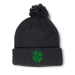 Pom Pom Beanies for Women 4 Leaf Clover Embroidery Skull Cap Shamrock St Patrick's Day Winter Hats for Men Acrylic 1 Size Black Design Only