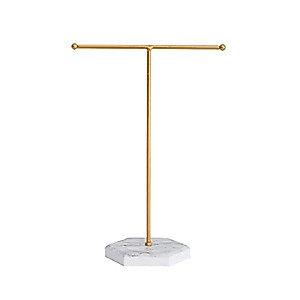 Jewelry Stand Display Necklace Holder T-Bar Plated Metal Tabletop Jewelry Organizer Tower for Show Jewelry Hanging Pendant Earring Bracelet Ring Accessorie with White Marble Plywood Bases.