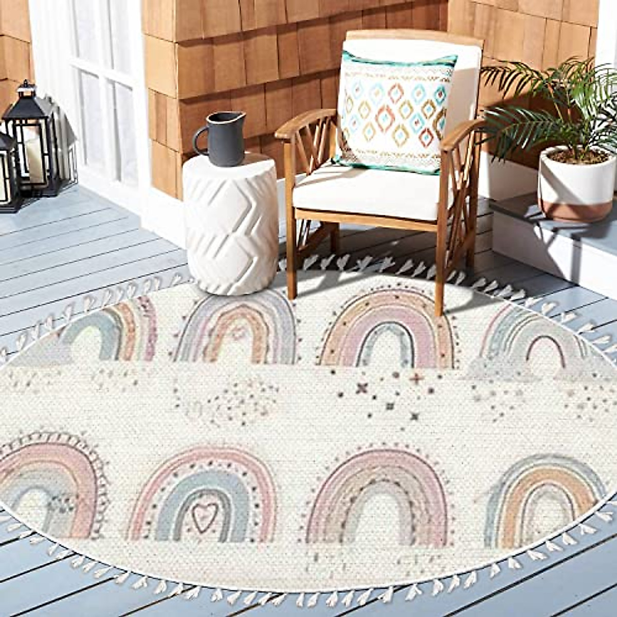 DNEWYNPABV Round Boho Rug Scandinavian Cartoon Rainbows with Clouds Flowers and Stars in Pastel Area Linen Carpet Patio Hallway Runner Mat Pad Minimalist Home Decor for Living Room Outdoor, 3 ft