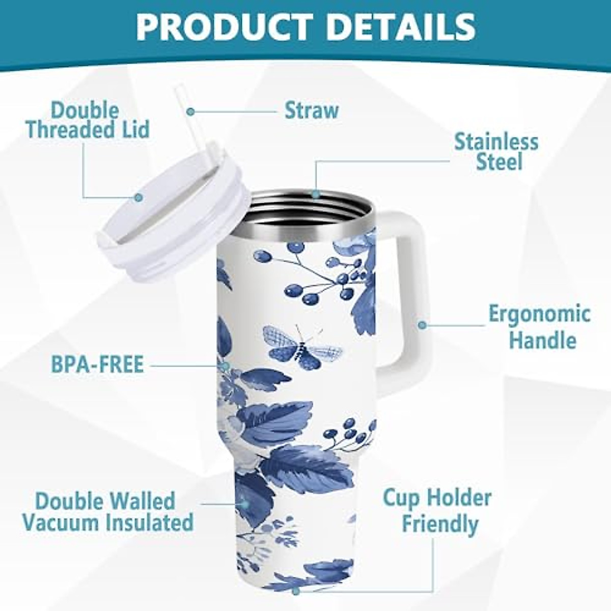RPLIFE Blue and White Floral Tumbler with Handle and Straw, Stainless Water Bottle, Insulated Cups with Lids, Tumbler for Men