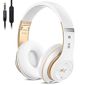 6S Wireless Bluetooth Headphones Over Ear, Hi-Fi Stereo Foldable Wireless Stereo Headsets Earbuds with Built-in Mic, Volume Control, FM for iPhone/Samsung/iPad/PC (White & Gold)