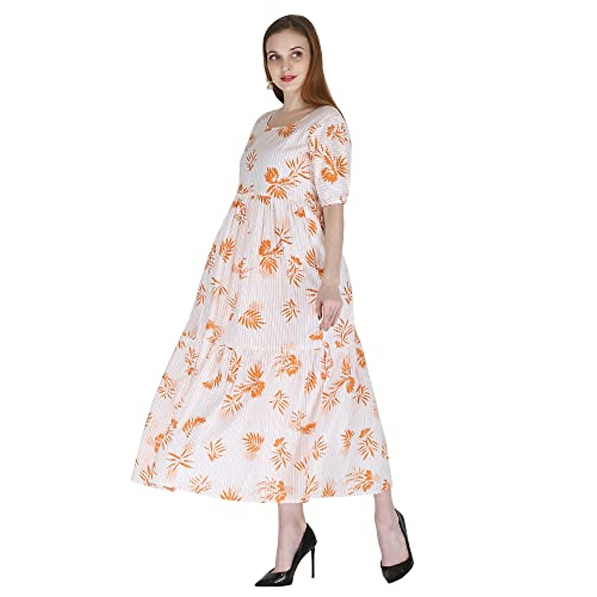 MESMERIICAL Women's Yellow Cotton Printed India Anarkali Kurta (as1, alpha, m, regular, regular)