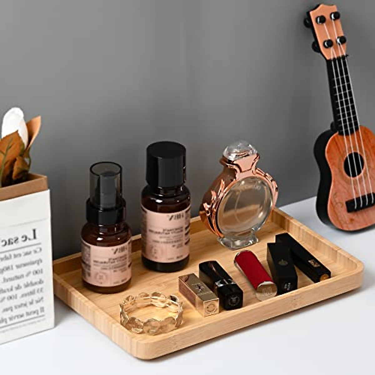 Bamboo Tray, Bathroom Counter Tray Organizer, Vanity Trays for Bathroom Home and Kitchen Serving Decorating Organizing, 12 x 8 x 1 in