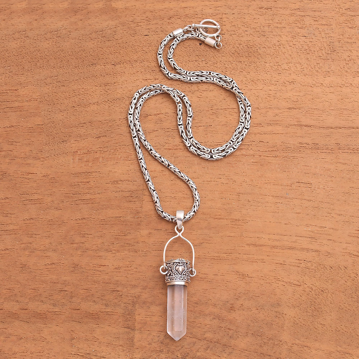 NOVICA Artisan Handmade Quartz Pendant Necklace Balinese Sterling Silver Crystal Indonesia Gemstone Floral Birthstone [19.75 in L 3 mm W Pendant(s) 2.4 in H x 0.6 in W x 0.4 in D] ' Crystal Amulet'