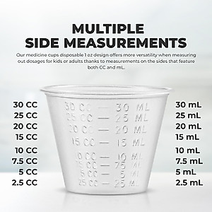 Graduated 1 oz. Plastic Medicine Cups, 100-Count, Detailed Liquid Measurements for Medications, Clear Containers, Disposable or Reusable, Supports Adults and Children