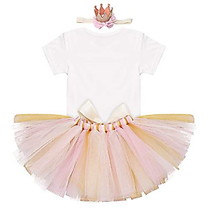 My 1/2 1st Birthday Outfit Baby Girls Shiny Crown Romper + Ruffle Tulle Skirt + Sequins Crown Flower Headband Glitter Party Dress up 3PCS Photo Cake Smash Clothes Set Gold 1/2 Birthday 3-6 Months