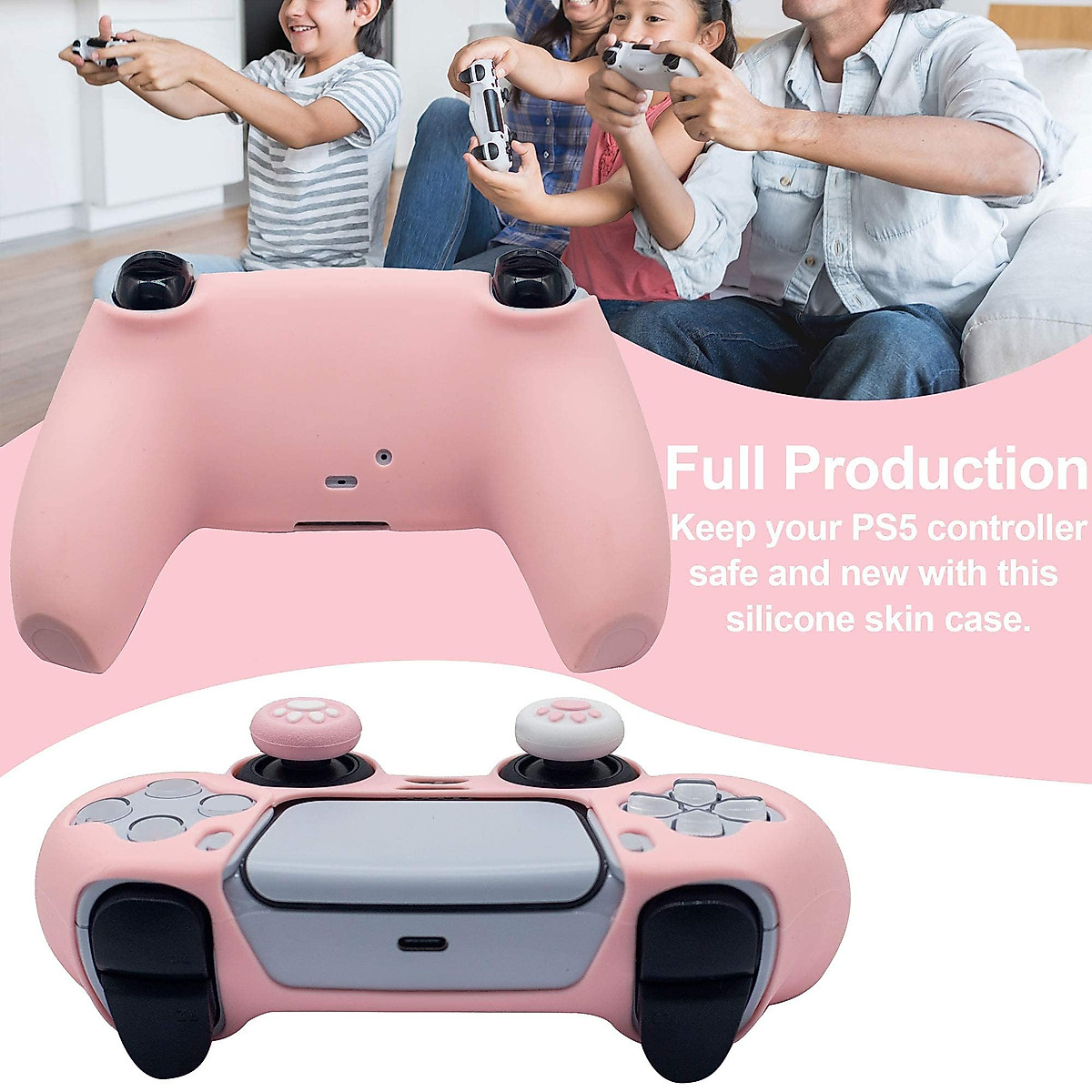 BRHE Skin for PS5 Controller Grip Cover Anti-Slip Silicone Protector Rubber Case Cute Kawaii Accessories Set Gamepad Joystick Shell with 2 Thumb Grip Caps (Full Covered, Pink)