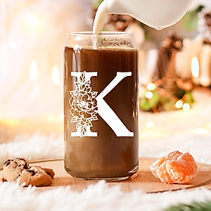 Coolife Initial Glass Cup, Monogrammed Gifts for Women, 16 oz Glass Cups w/Lids Straws, Iced Coffee, Smoothie, Beer Glass Tumbler w/Straw Lid - Personalized Christmas, Birthday Gifts for Her Mom